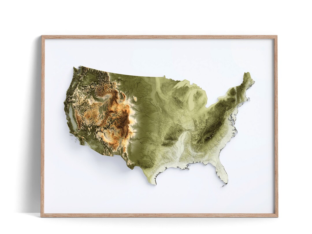 United States of America Elevation Map geo 2D Poster Shaded Relief Map ...