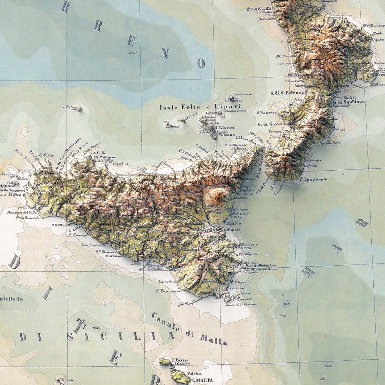 Italy Topographic Map of 1888 2D Poster Shaded Relief Map, Fine Art ...