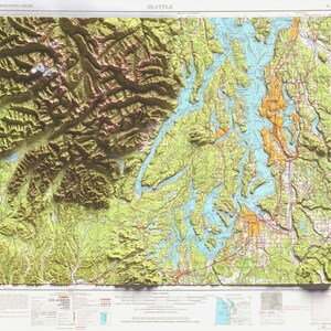 Seattle (washington, USA) Topographic Map of 1958 - 2D Poster Shaded ...
