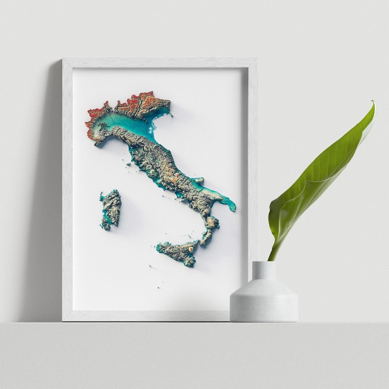 Italy Elevation Map (spectral) - 2D Poster Shaded Relief Map, Fine Art ...