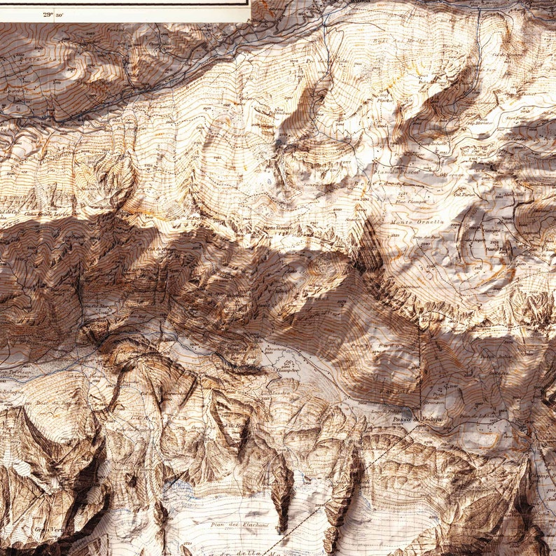 Marmolada (italy) Topographic Map of 1926 - 2D Poster Shaded Relief Map ...