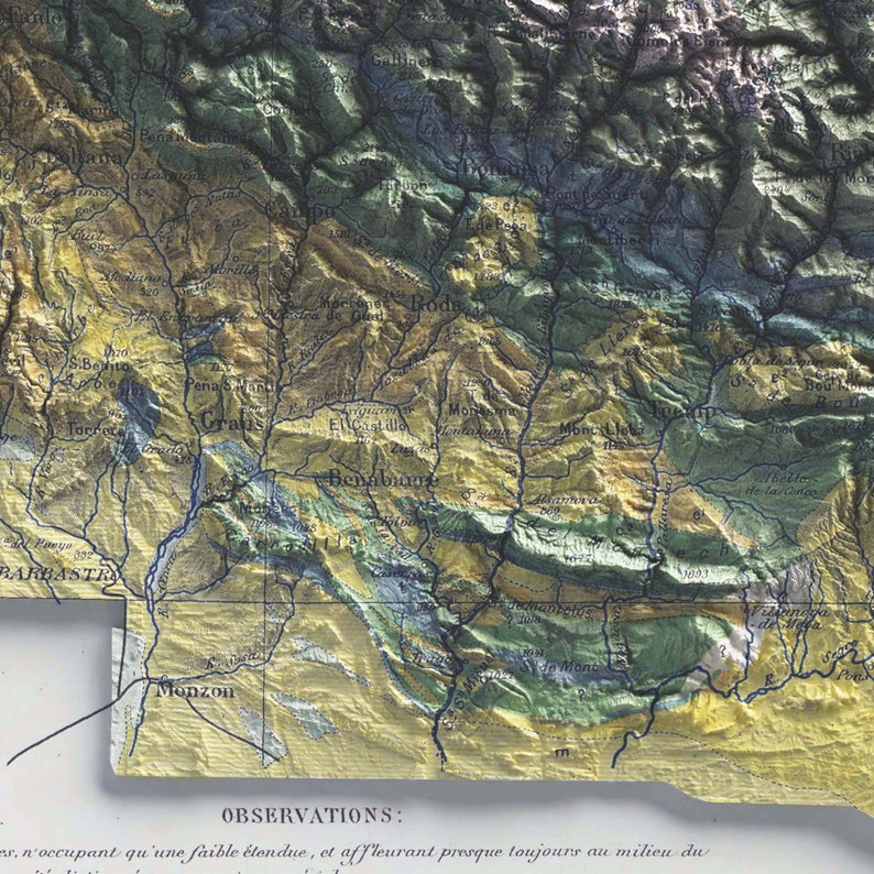 Pyrenees france, Spain Geological Map of 1891 2D Poster Shaded Relief ...