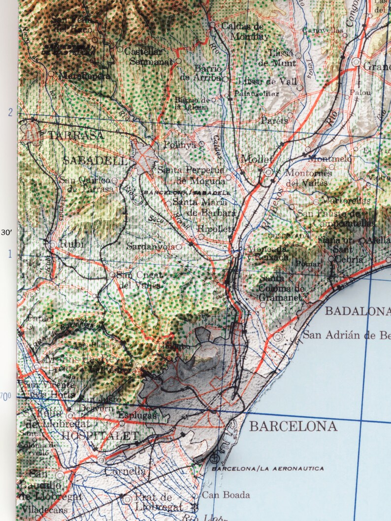 Barcelona spain Topographic Map of 1944 2D Poster Shaded - Etsy