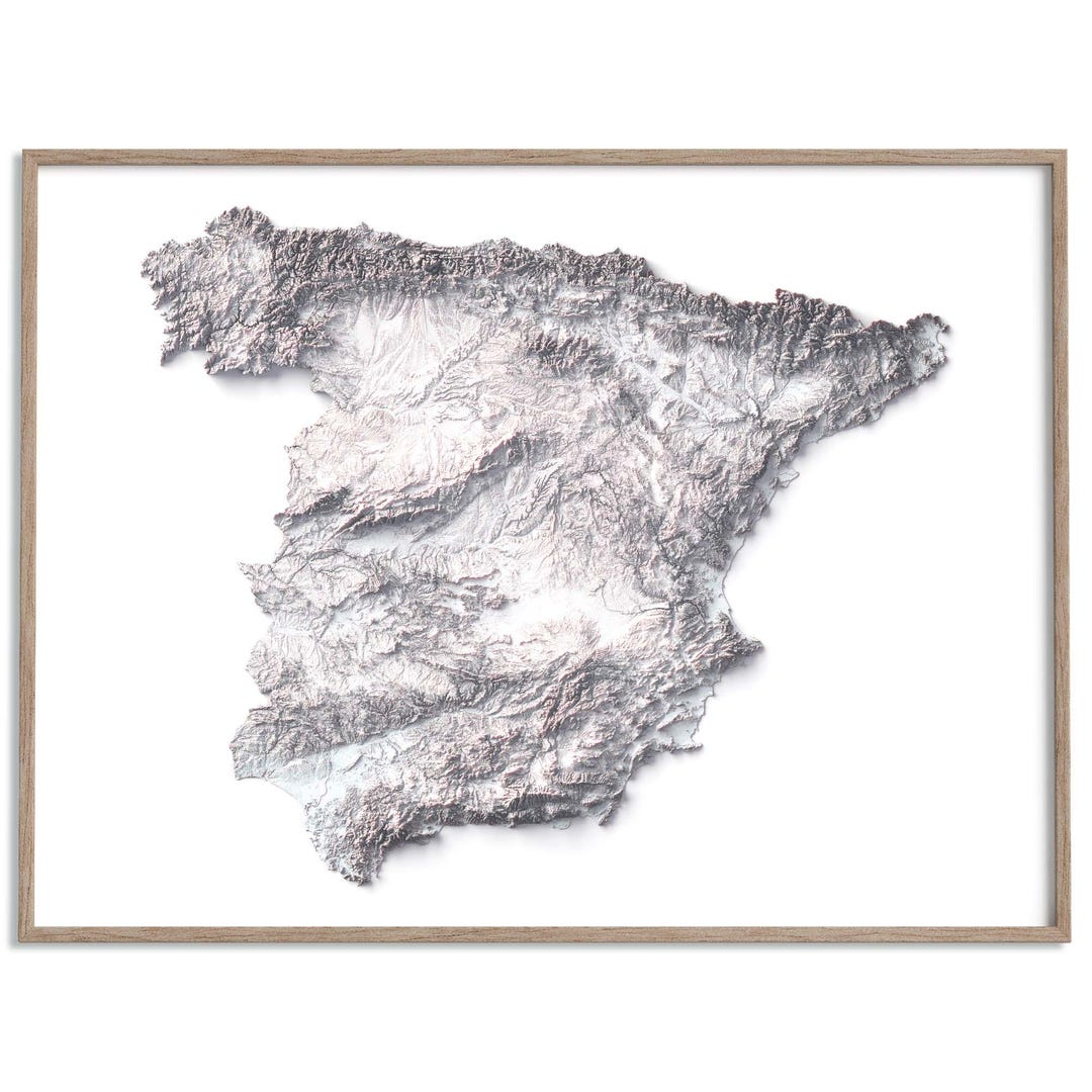 Spain Continental Elevation Map (white): Flat Shaded Relief Print Art ...