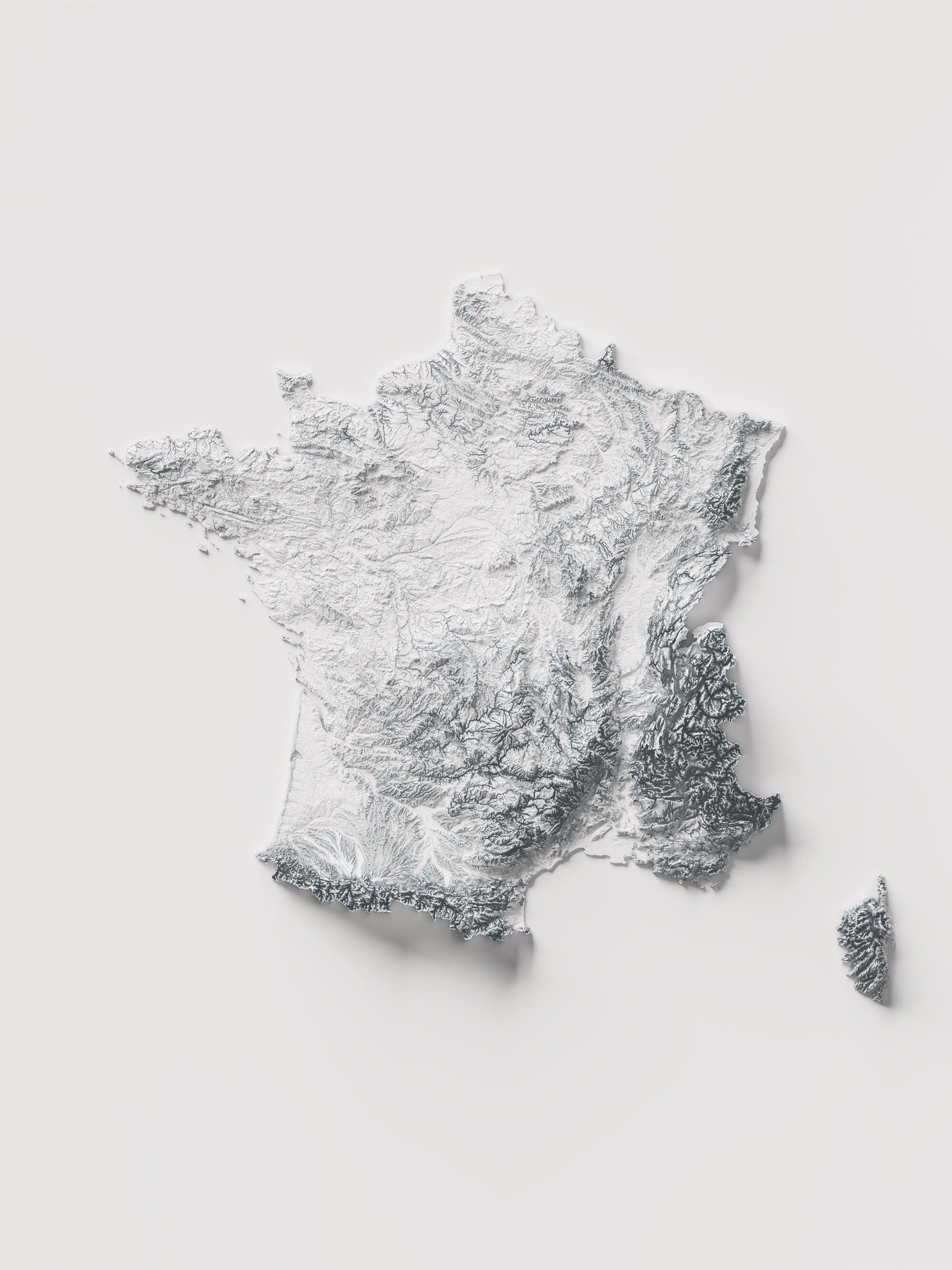 France Elevation Map white 2D Poster Shaded Relief Map, Fine Art Wall ...
