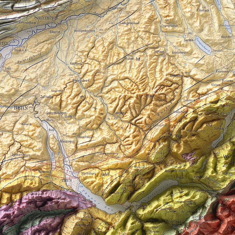 Switzerland Geological Map of 1972 - 2D Poster Shaded Relief Map, Fine ...