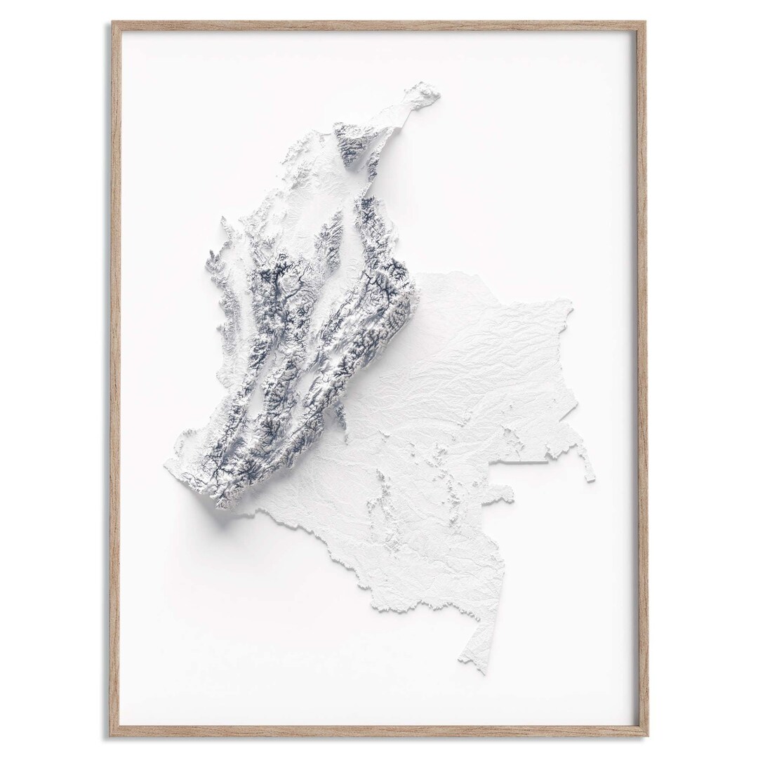 Colombia Elevation Map (white) - 2D Poster Shaded Relief Map, Fine Art ...