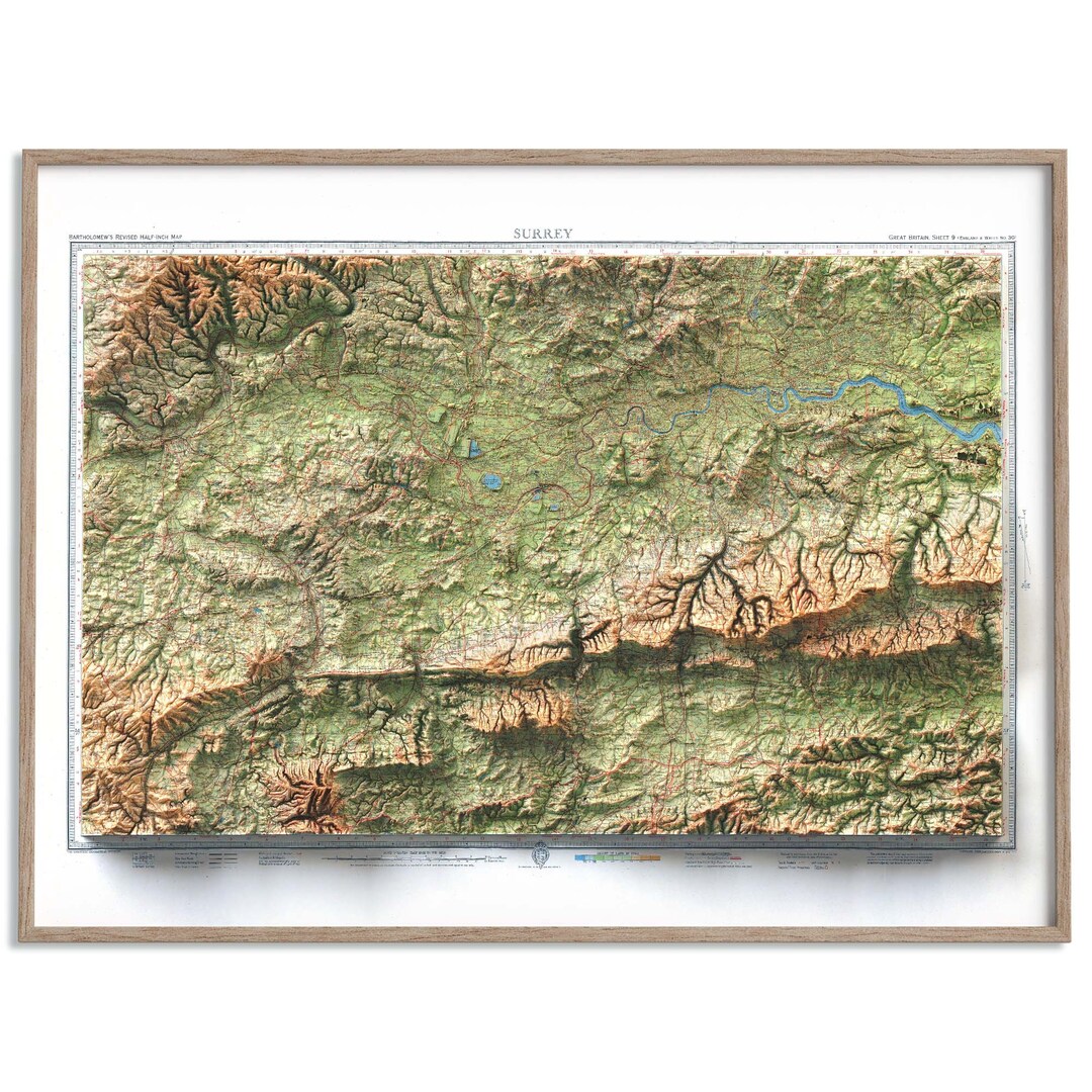 Surrey (england, UK) Topographic Map of 1942 - 2D Poster Shaded Relief ...