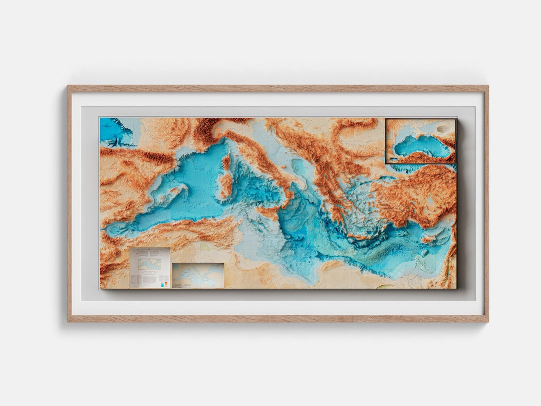 Mediterranean Sea Bathymetric Topographic Map of 1981 2D Poster Shaded ...