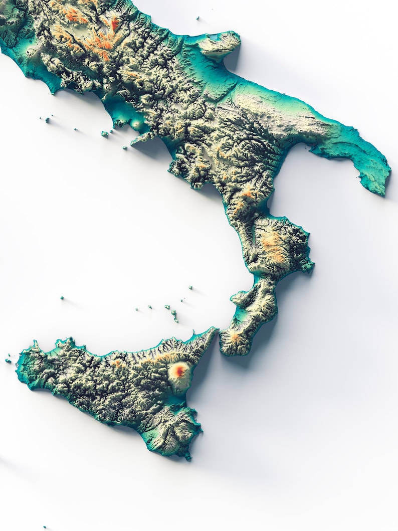Italy Elevation Map spectral 2D Poster Shaded Relief Map, Fine Art Wall ...