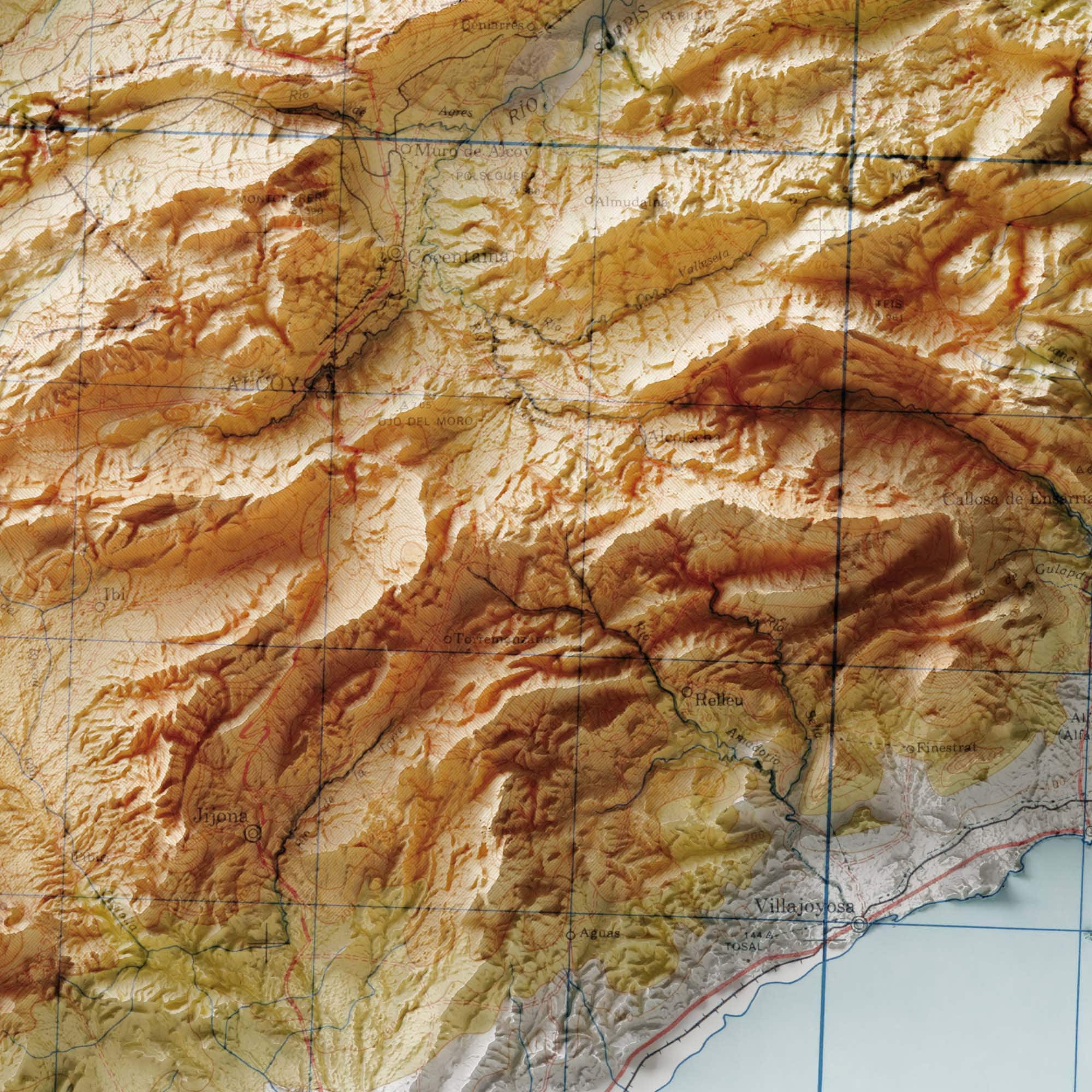 Alicante (spain) Topographic Map of 1944 - 2D Poster Shaded Relief Map ...
