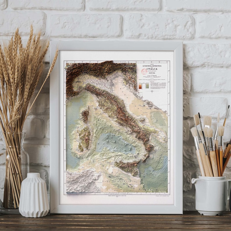 Italy Bathymetric Topographic Map of 1888 - 2D Poster Shaded Relief Map ...