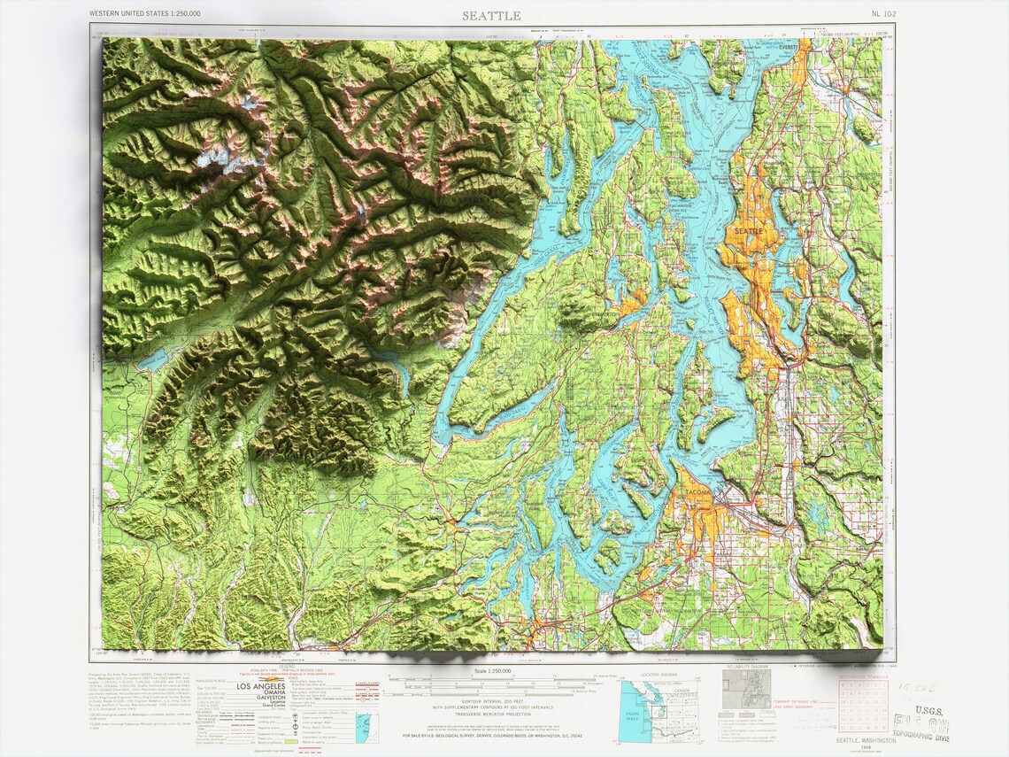 Seattle washington USA Topographic Map of 1958 2D Poster - Etsy
