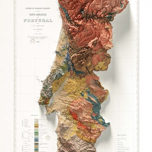 Portugal 1899 Geological Map: Vintage Flat Shaded Relief Print Art - Etsy