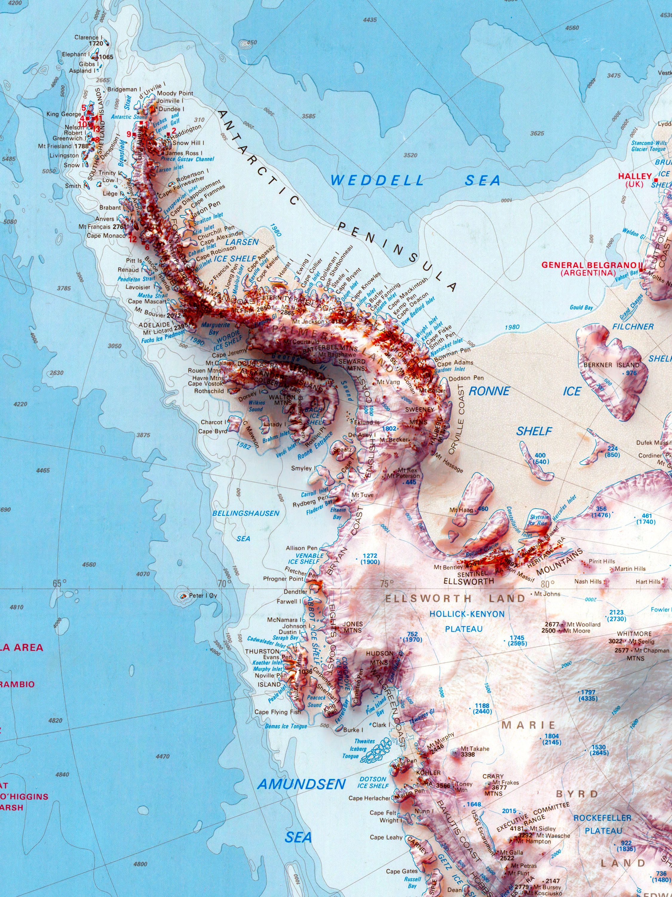 Antarctica Topographic Map of 1986 2D Poster Shaded Relief Map, Fine ...
