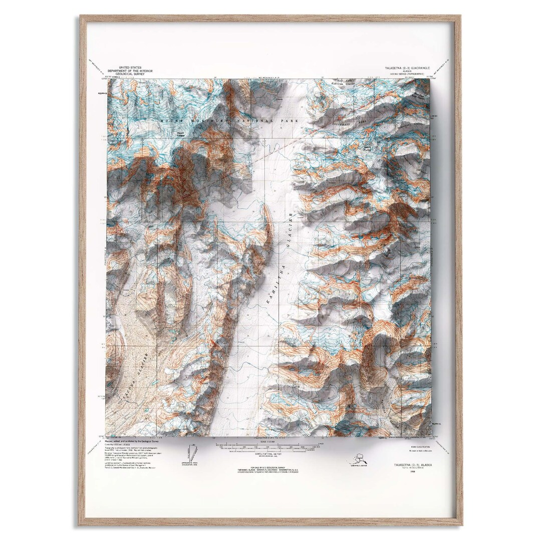 Mt Foraker (alaska, USA) Topographic Map of 1963 - 2D Poster Shaded ...