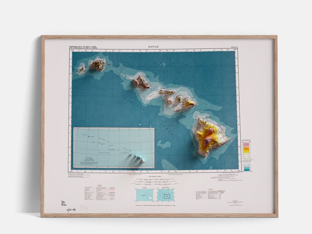 Hawaii USA Topographic Map of 1974 2D Poster Shaded Relief Map, Fine ...