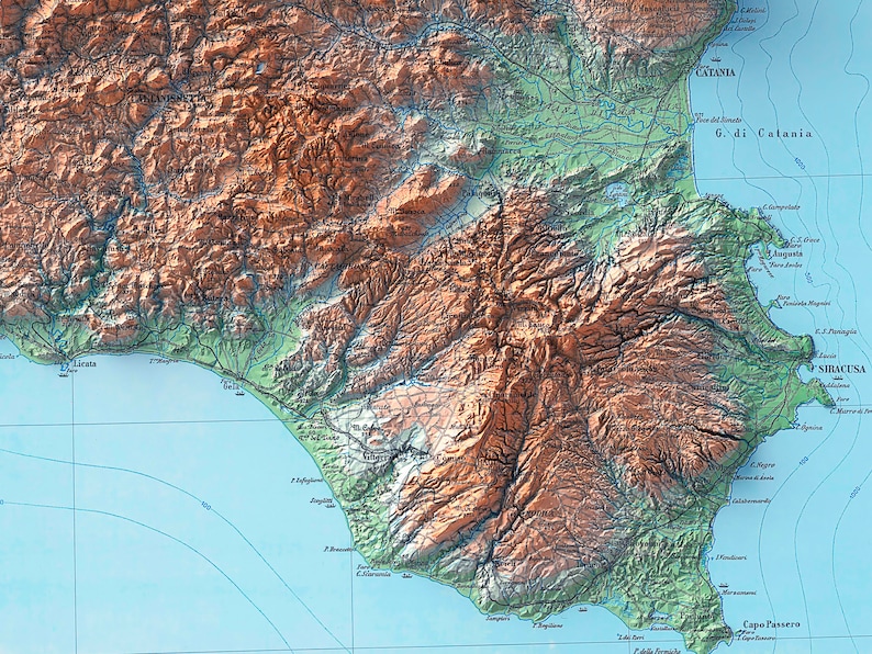 Sicily italy Topographic Map of 1943 2D Poster Shaded Relief Map, Fine ...