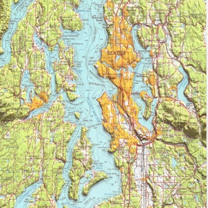 Seattle (washington, USA) Topographic Map of 1958 - 2D Poster Shaded ...