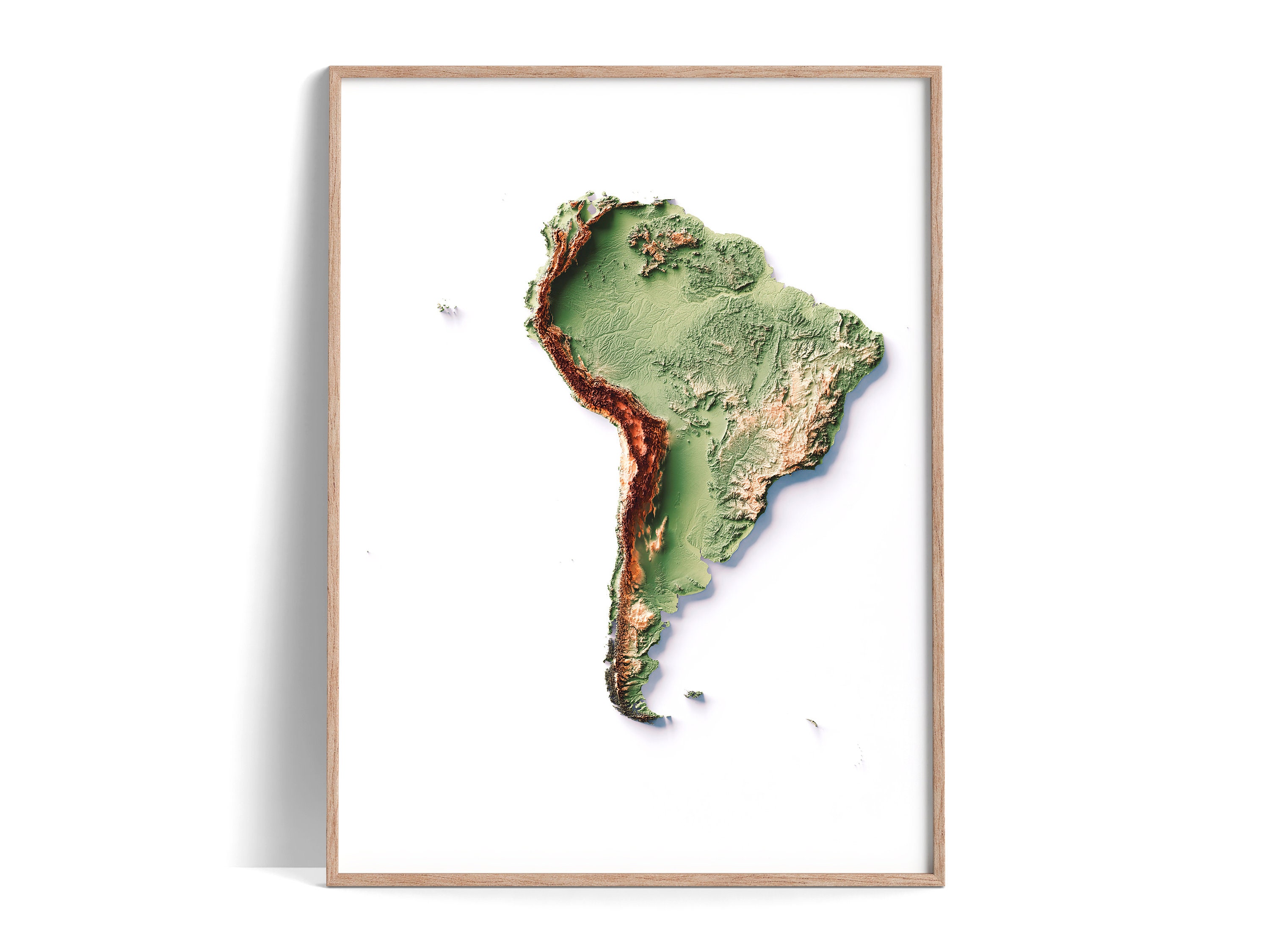 South America Elevation Map geo 2D Poster Shaded Relief Map, Fine Art ...