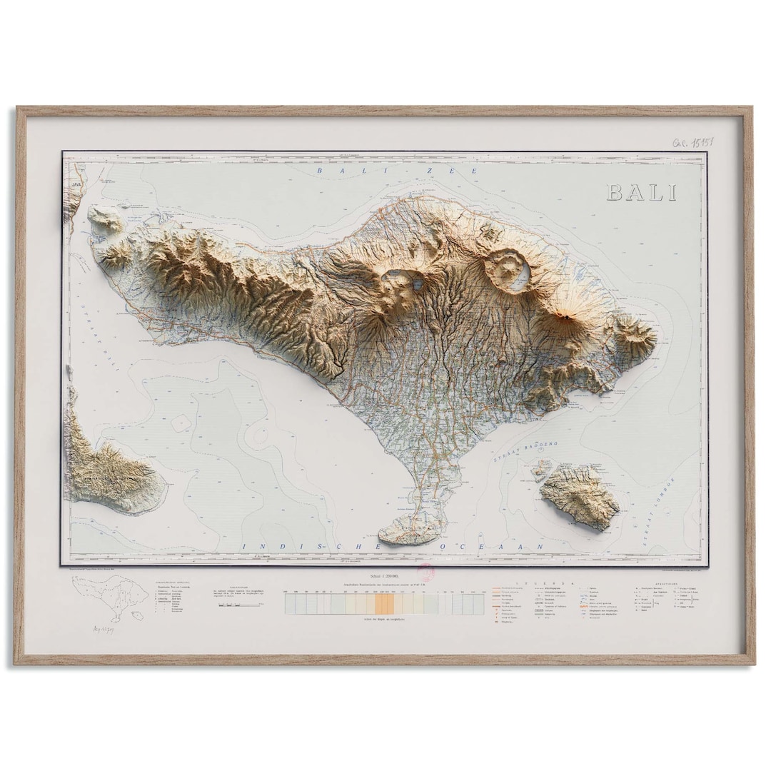 Bali (indonesia) Topographic Map of 1935 - 2D Poster Shaded Relief Map ...