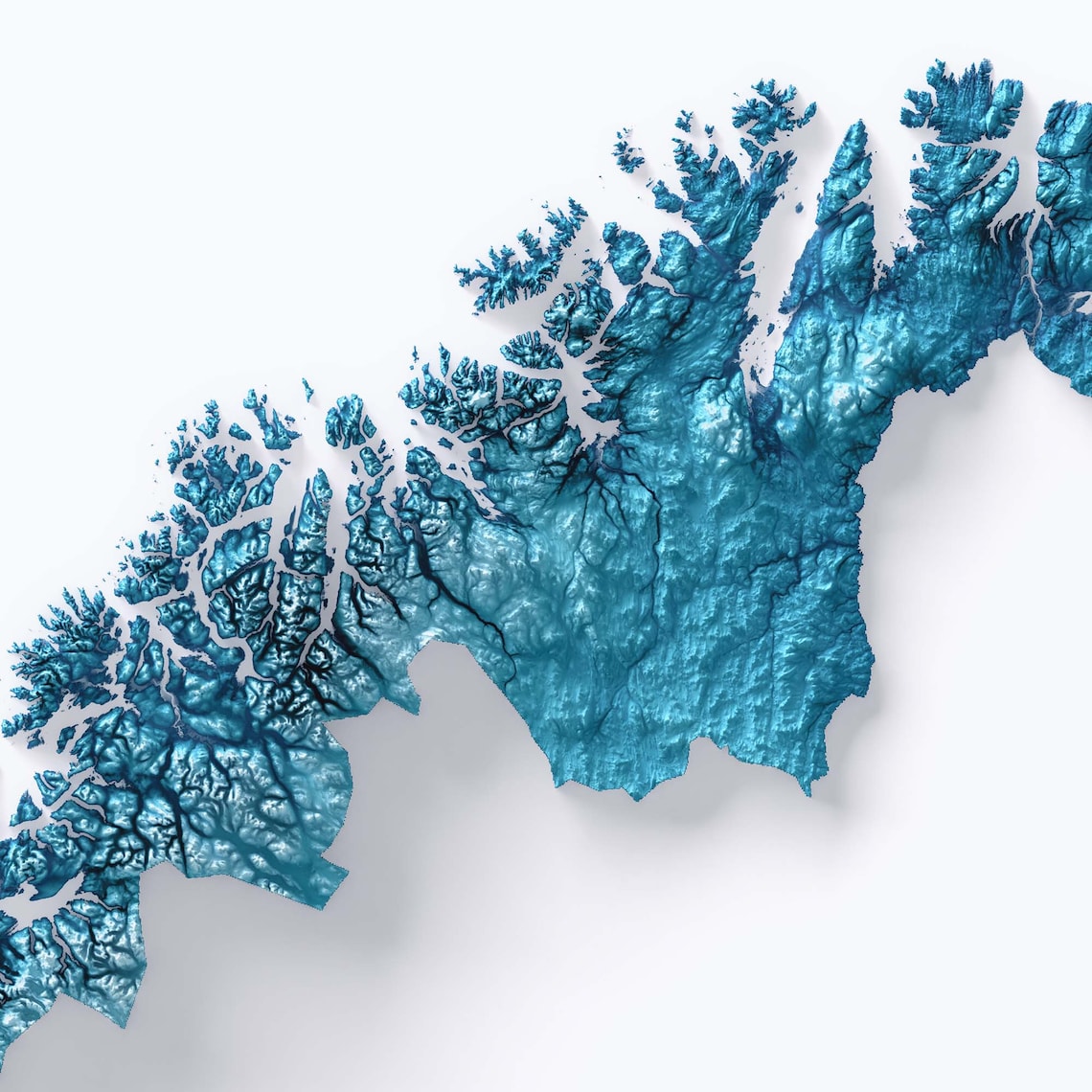 Norway Elevation Map (blue) - 2D Poster Shaded Relief Map, Fine Art ...