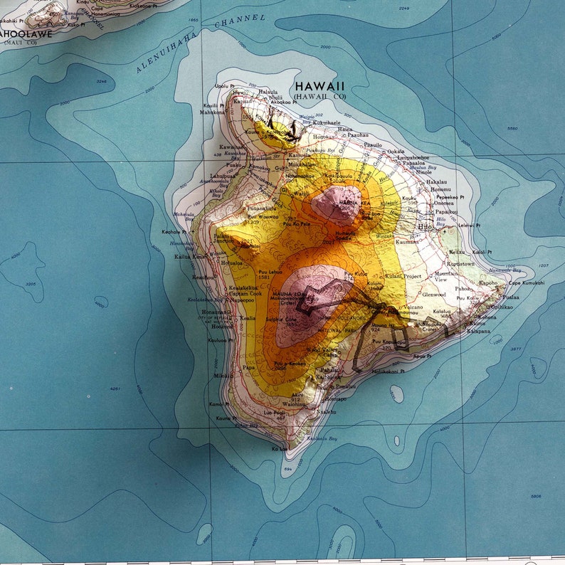Hawaii (USA) Topographic Map of 1974 - 2D Poster Shaded Relief Map ...