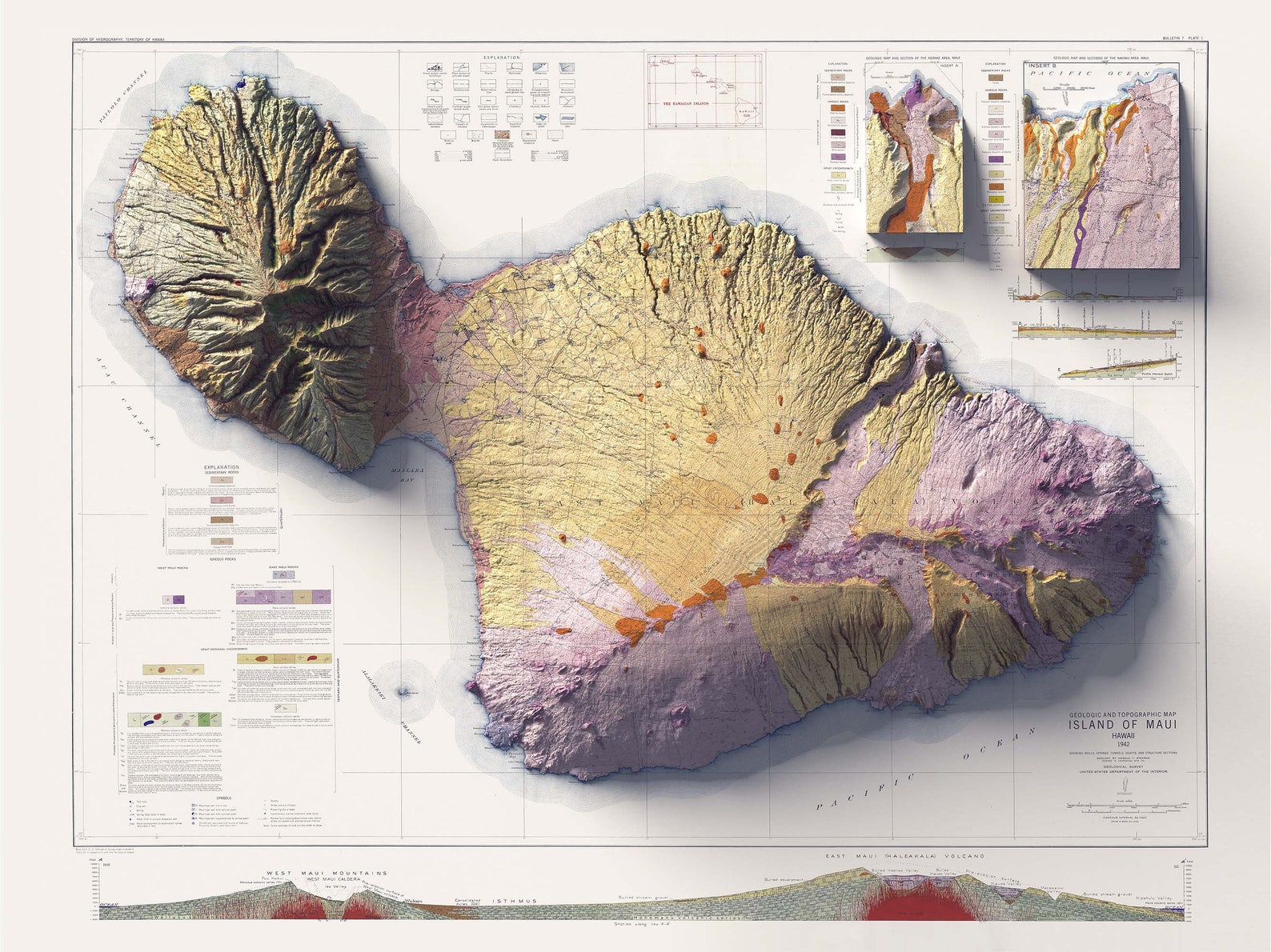 Maui (hawaii, USA) 1942 Geological Map: Vintage Flat Shaded Relief ...