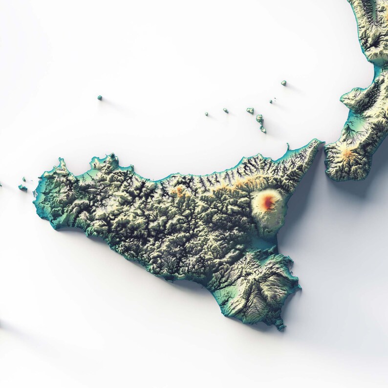 Italy Elevation Map (spectral) - 2D Poster Shaded Relief Map, Fine Art ...