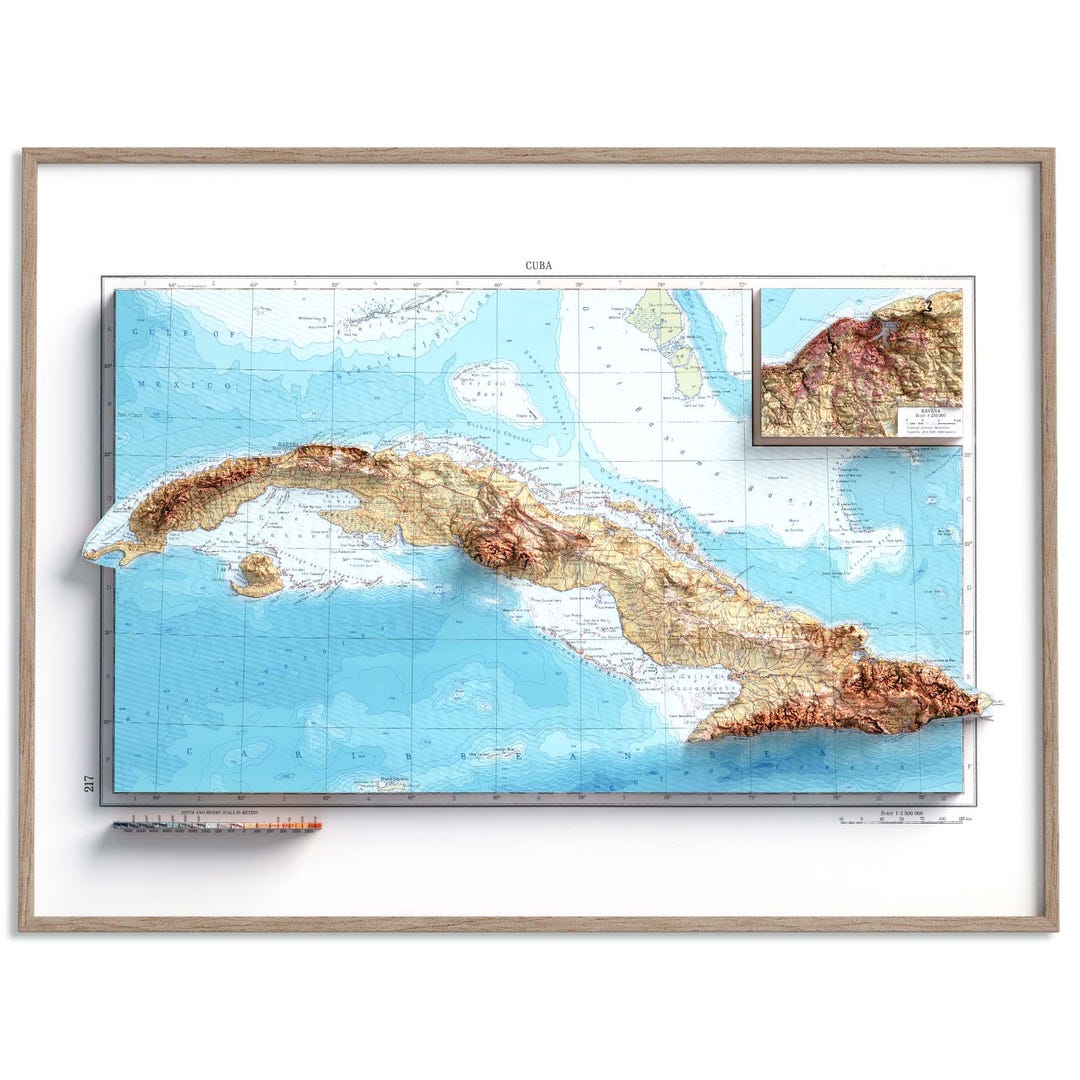 Cuba Topographic Map of 1967 - 2D Poster Shaded Relief Map, Fine Art ...