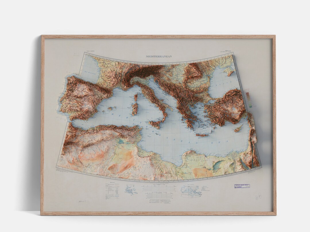 Mediterranean Sea Topographic Map of 1937 2D Poster Shaded - Etsy
