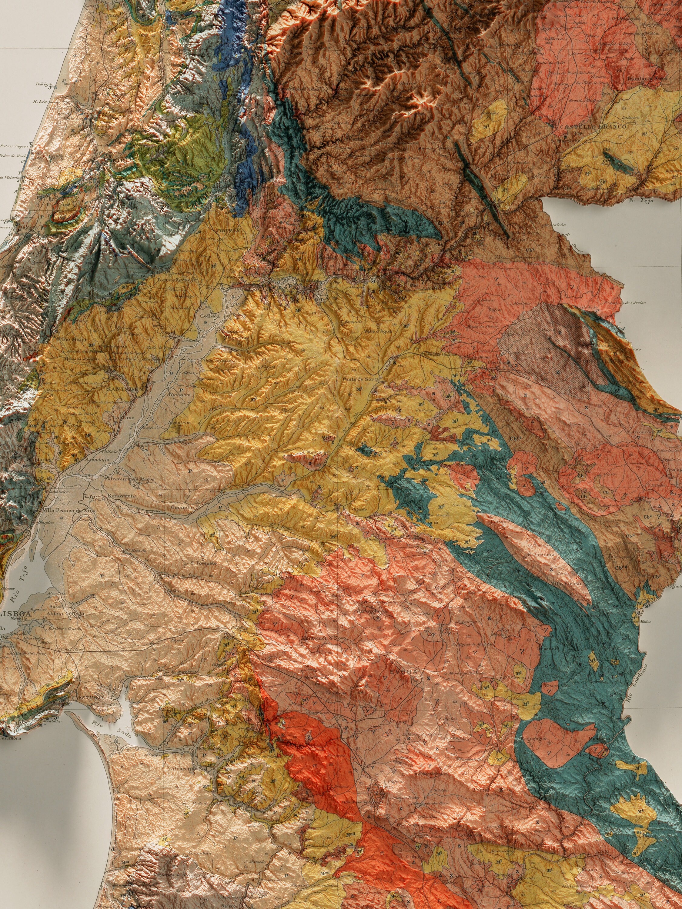 Portugal Geological Map of 1899 2D Poster Shaded Relief Map, Fine Art ...