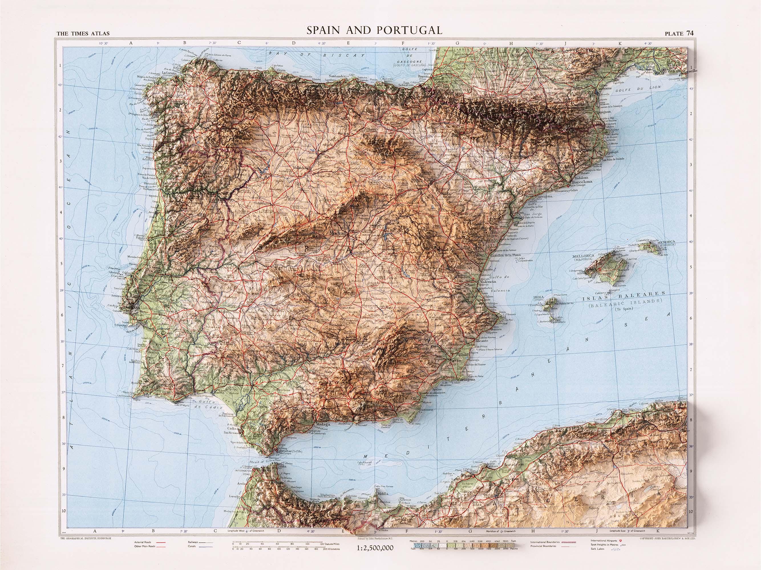 Iberian Peninsula 1956 Topographic Map: Vintage Flat Shaded Relief ...