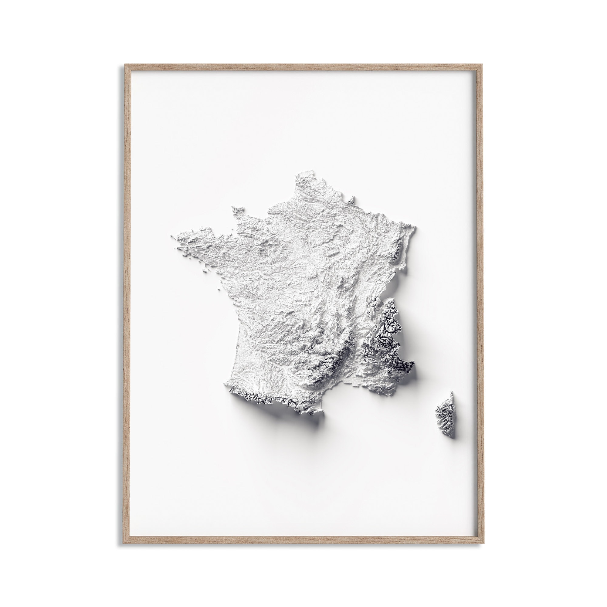 France Elevation Map white 2D Poster Shaded Relief Map, Fine Art Wall ...