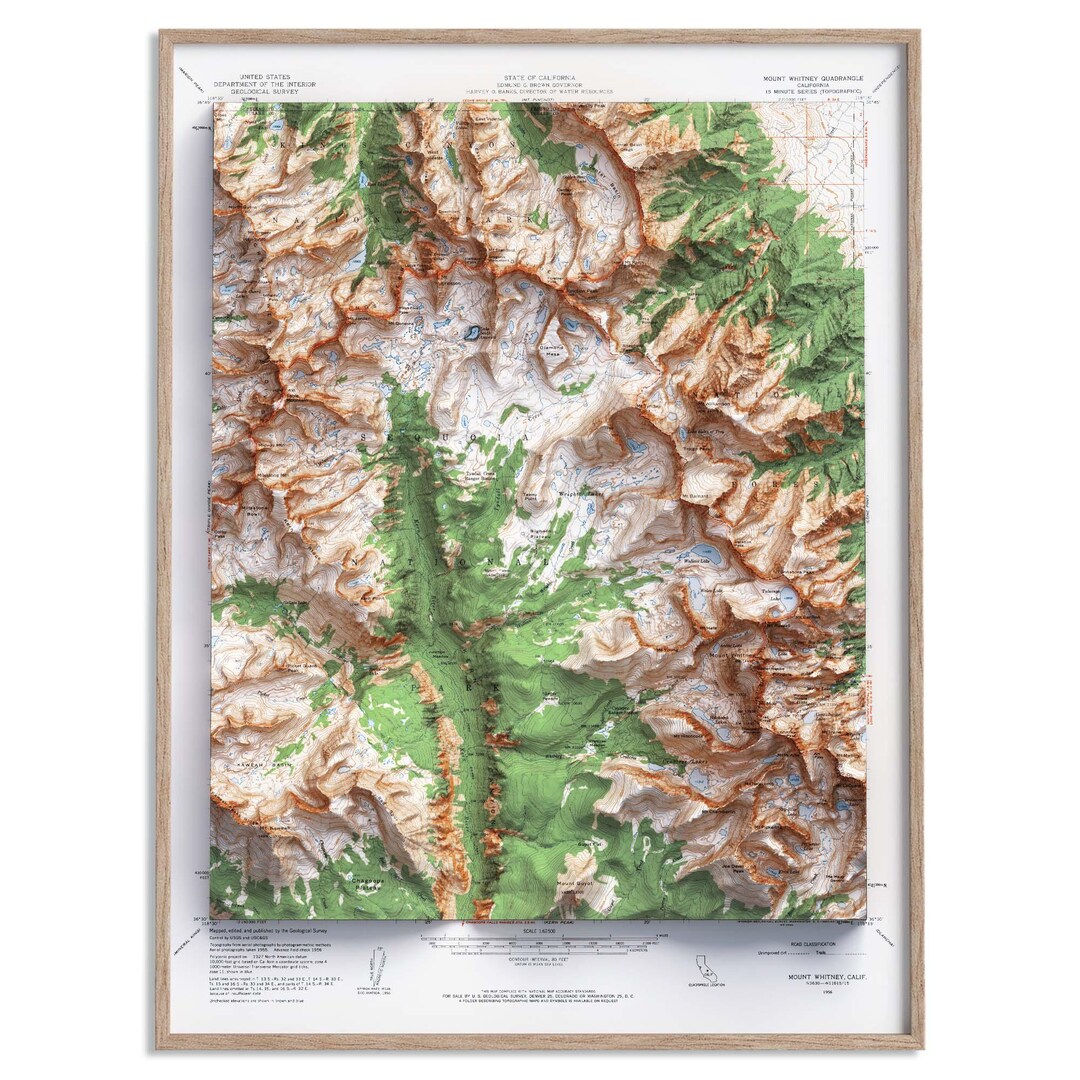 Mt Whitney (california, USA) Topographic Map of 1960 - 2D Poster Shaded ...