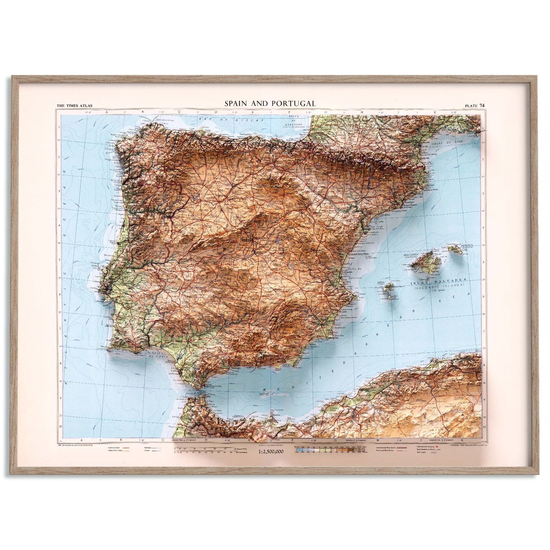 Iberian Peninsula Topographic Map of 1956 - 2D Poster Shaded Relief Map ...