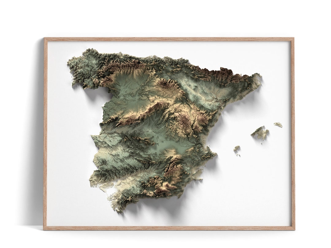 Spain Elevation Map geo 2D Poster Shaded Relief Map, Fine Art Wall ...
