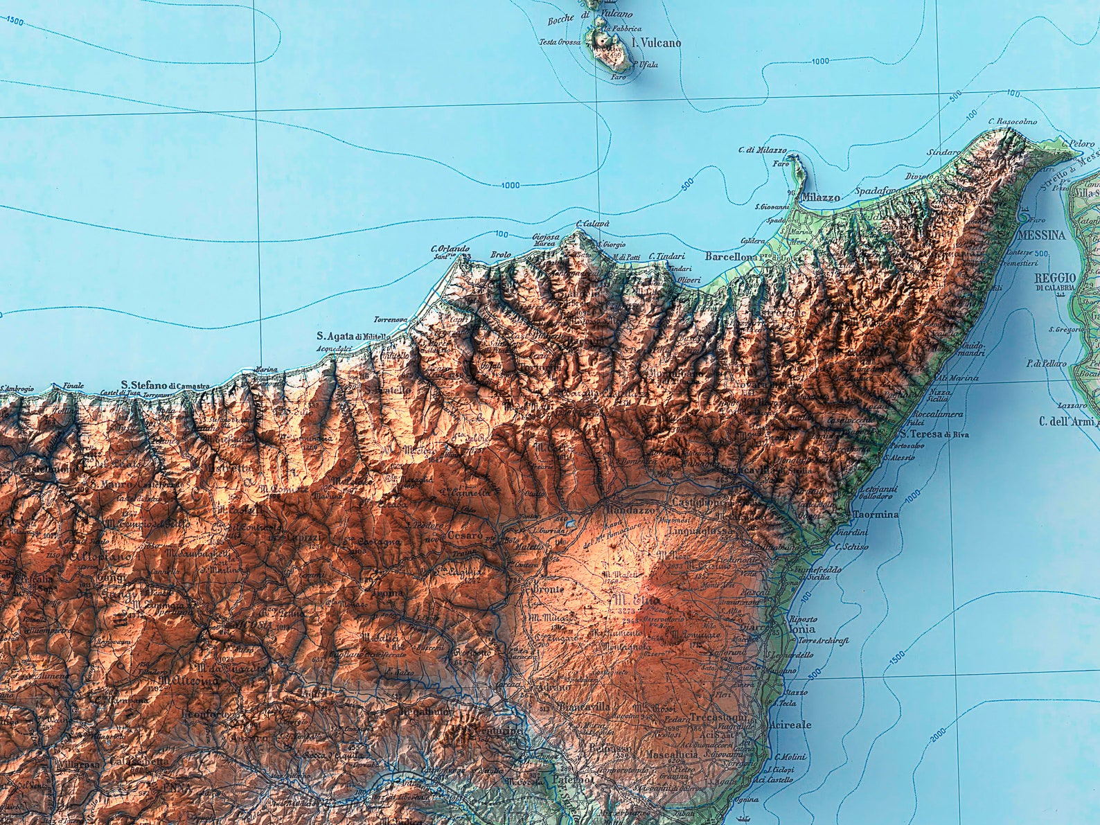 Sicily italy Topographic Map of 1943 2D Poster Shaded Relief Map, Fine ...