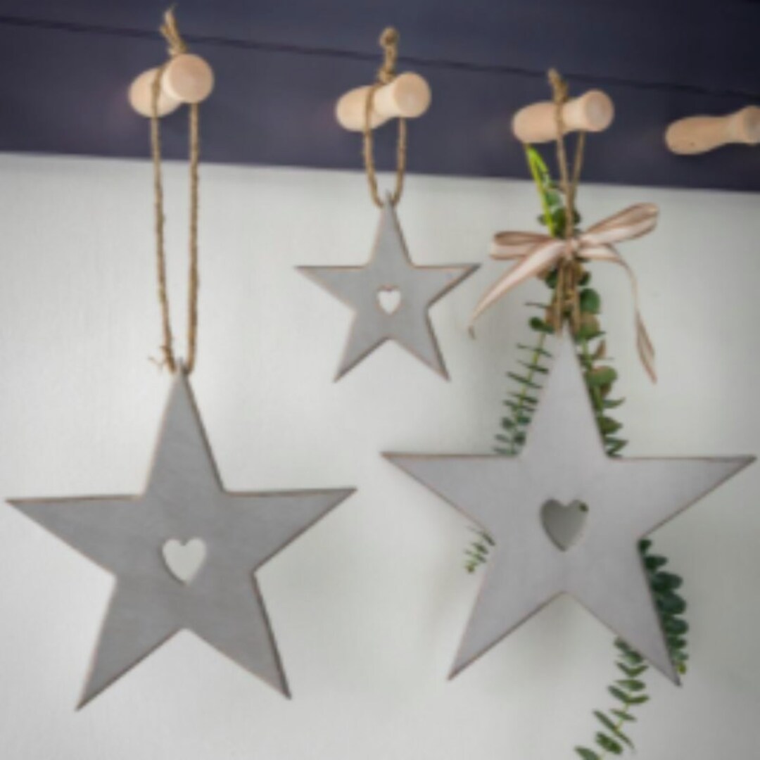 Set of Three Grey Wooden Stars With Heart Cut-outs - Etsy UK