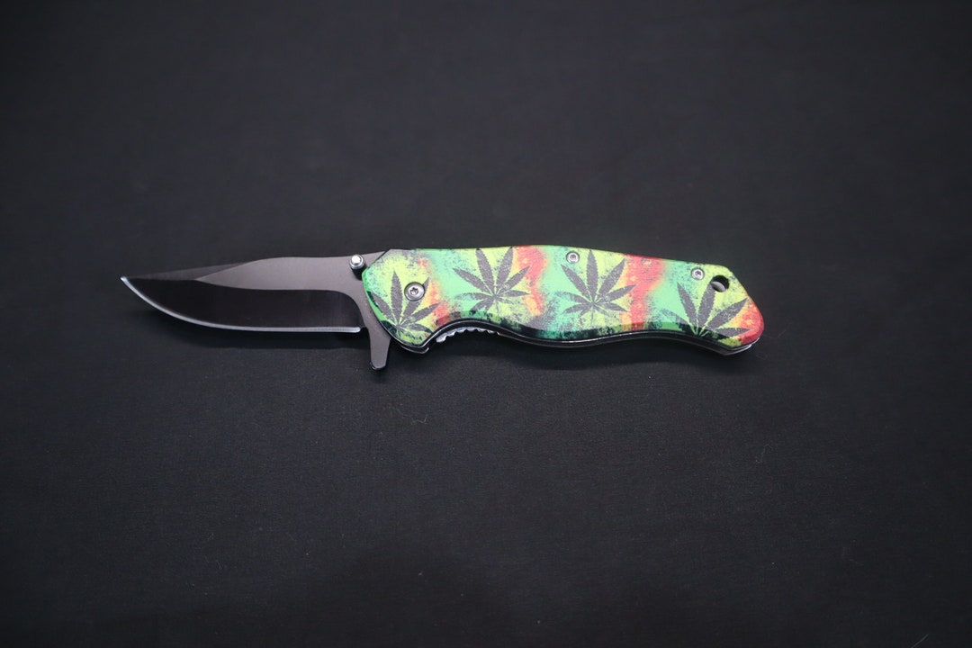 Marijuana 3D Pot Leaf Stiletto Desig Spring Assisted Steel Folding ...