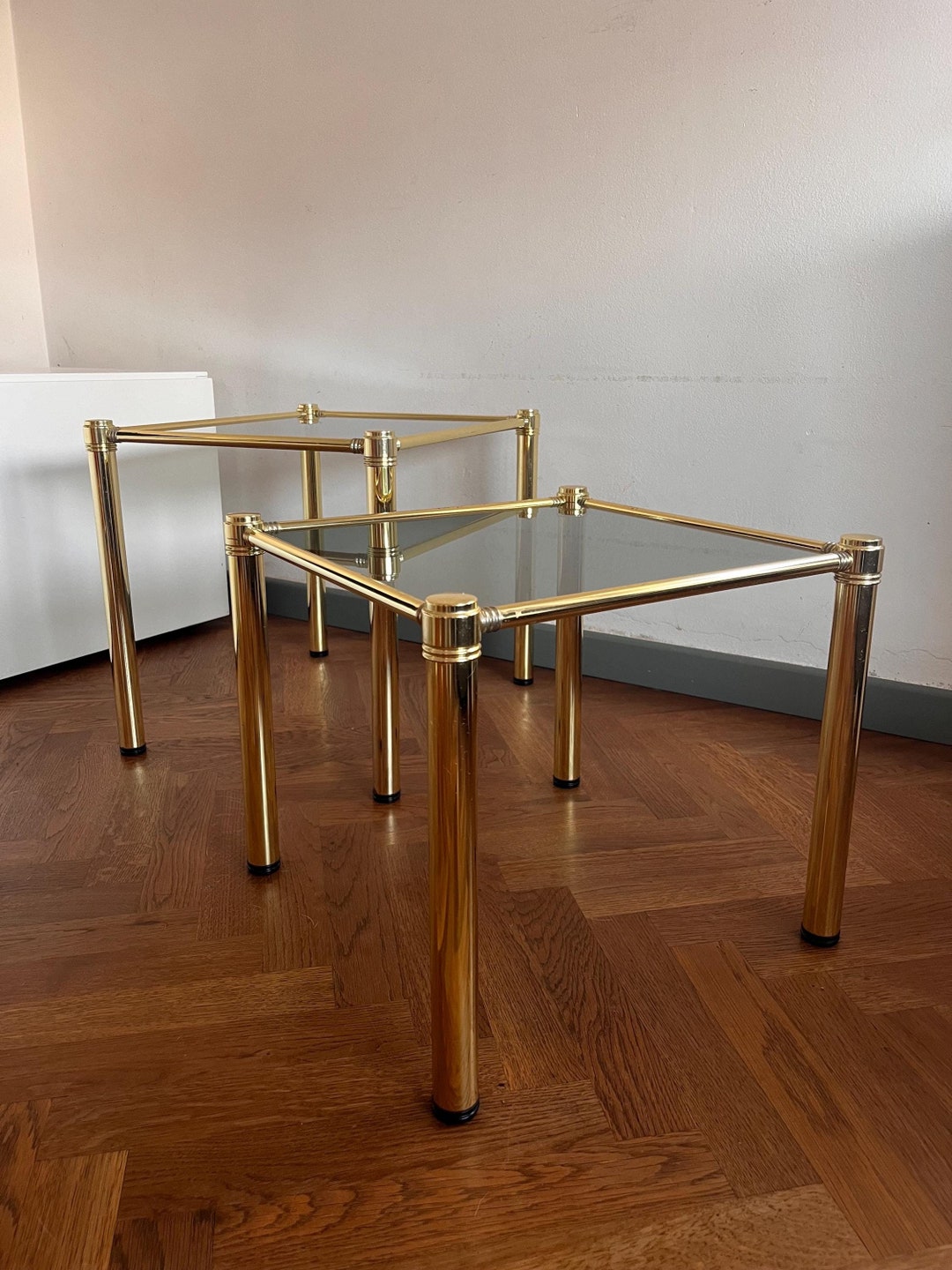 Set of 2 Mid Century Gold Metal and Glass Coffee Tables / Made in Italy ...