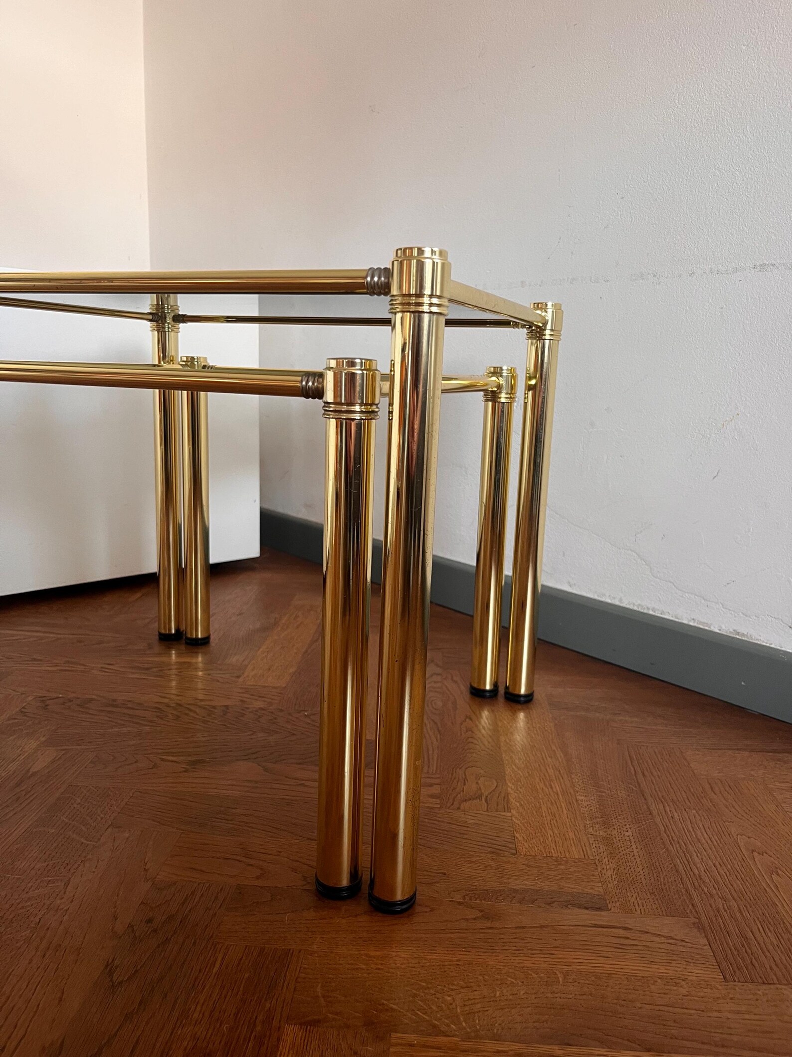 Set of 2 Mid Century Gold Metal and Glass Coffee Tables / Made in Italy ...