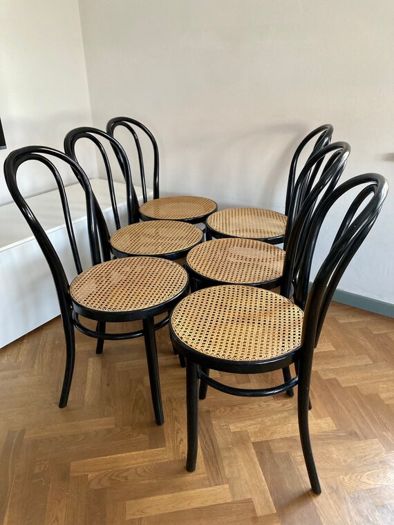 1 of 6 Vintage Black Thonet Style Dining Chairs Black Wood and Rattan MCM Cafe Bistro Chairs Thonet N.18 Etsy UK
