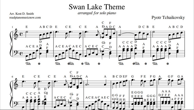 Includes NOTE-NAMES: Swan Lake Main Theme | Piano Sheet Music With Letter-name Labels Included ...