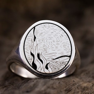 Starry Night Signet Ring, by Vincent Van Gogh, Silver Art Pinky Ring ...