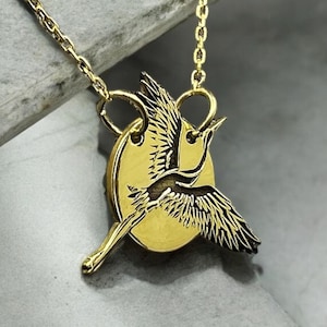 14k Gold Crane Necklace, Silver Stork Bird Pendant, Sun Jewel, Sunset ...