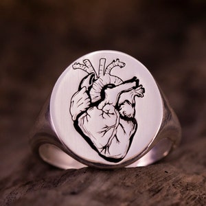 Anatomical Heart Signet Ring, Real Heart Silver Pinky Ring, Medical ...