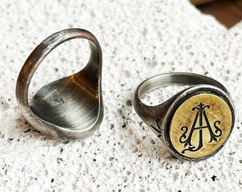 Two Tone Monogram Silver Signet Ring Vintage Ring for Her - Etsy
