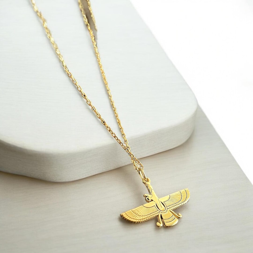 14k Gold Faravahar Necklace, Silver Ahura Mazda Pendant, Zoroastrian ...