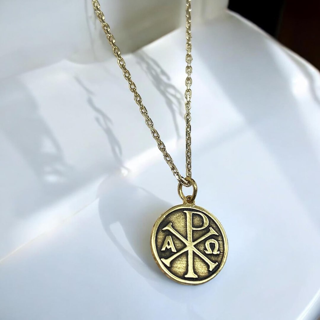 14k Gold Chi Rho Necklace, Silver Alpha Omega Pendant, Orthodox Coin ...